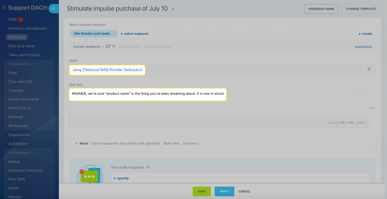 TextLocal SMS Integration app
